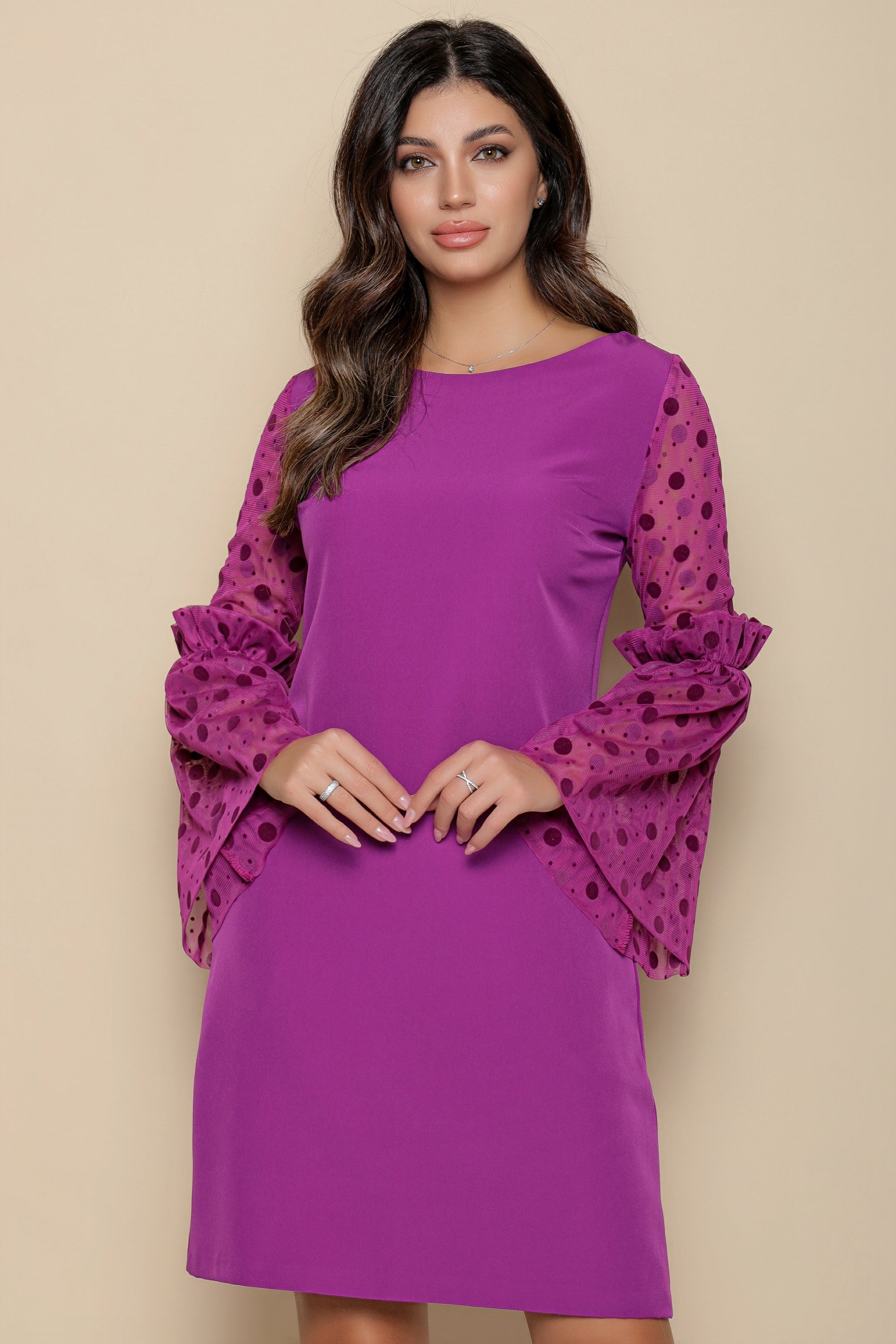 Rochie MBG magenta cu maneci clopot din tull cu buline catifelate – MBG Collection