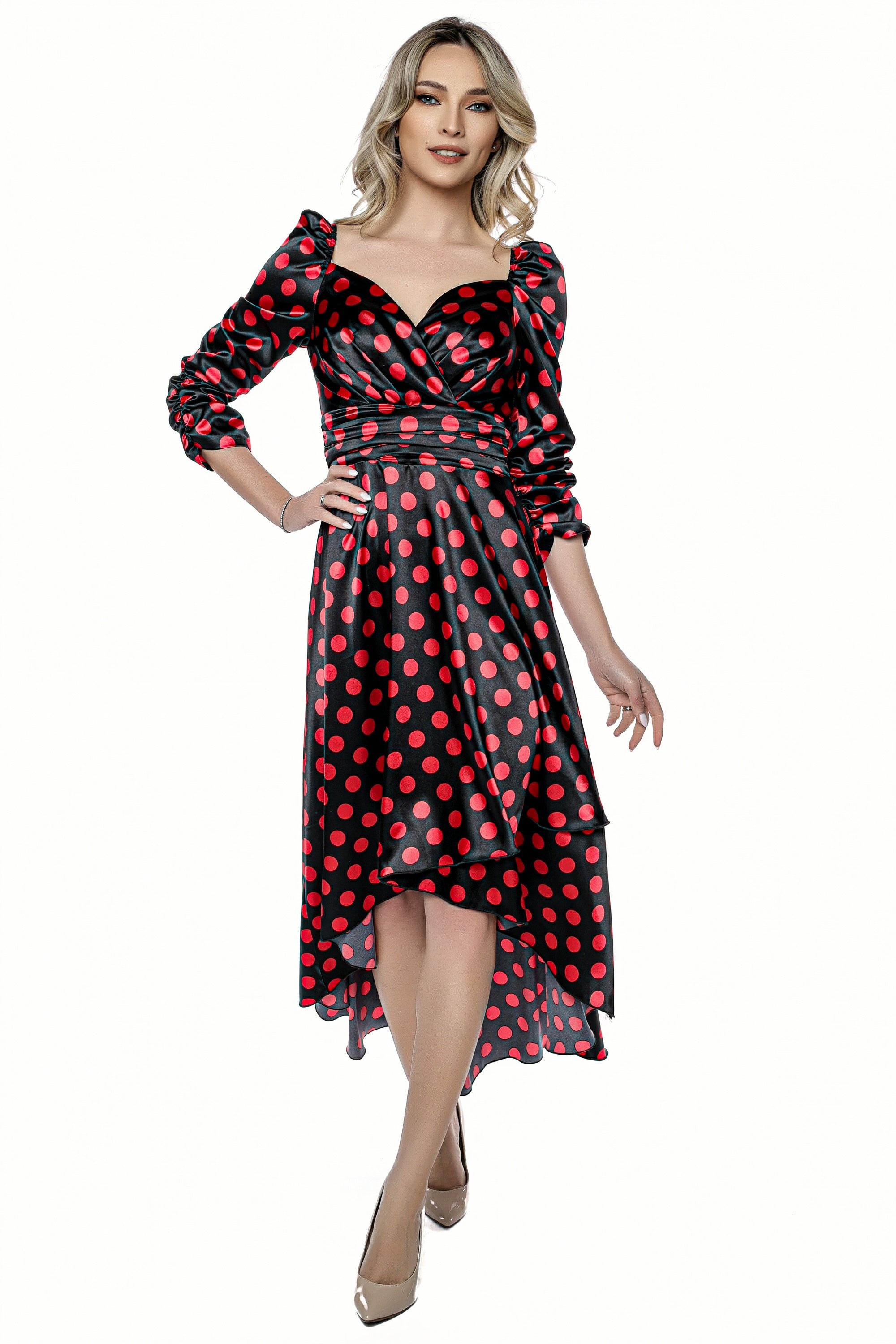 Rochie MBG neagra asimetrica cu buline rosii – MBG Collection